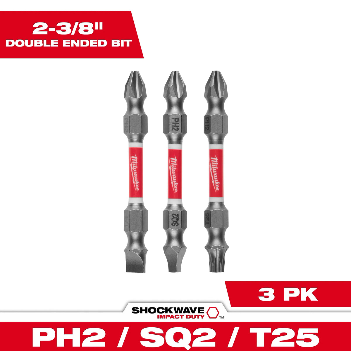 Drill Bit - Milwaukee 3PC SHOCKWAVE™ Impact Duty PH2/SQ2/T25 Double En ...